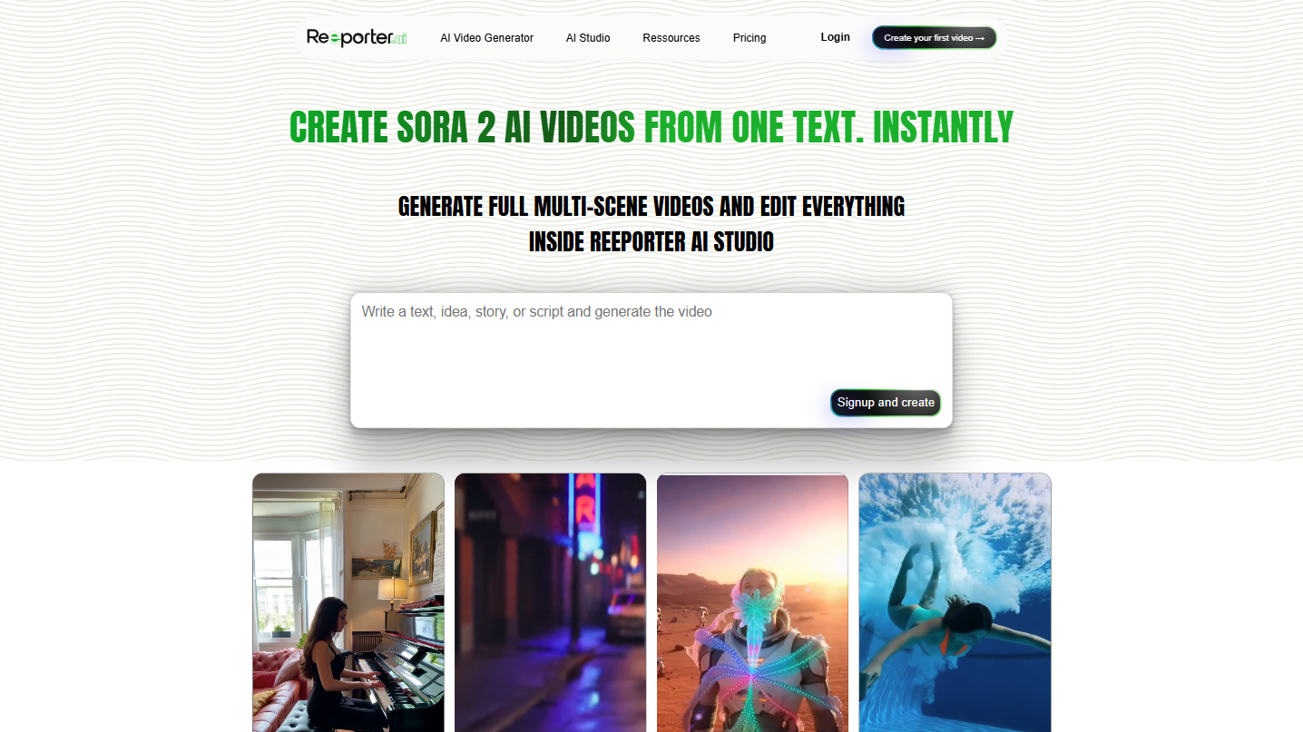 Easy SORA 2 AI Video Maker & Sora AI Edit Studio | Free on Reeporter AI